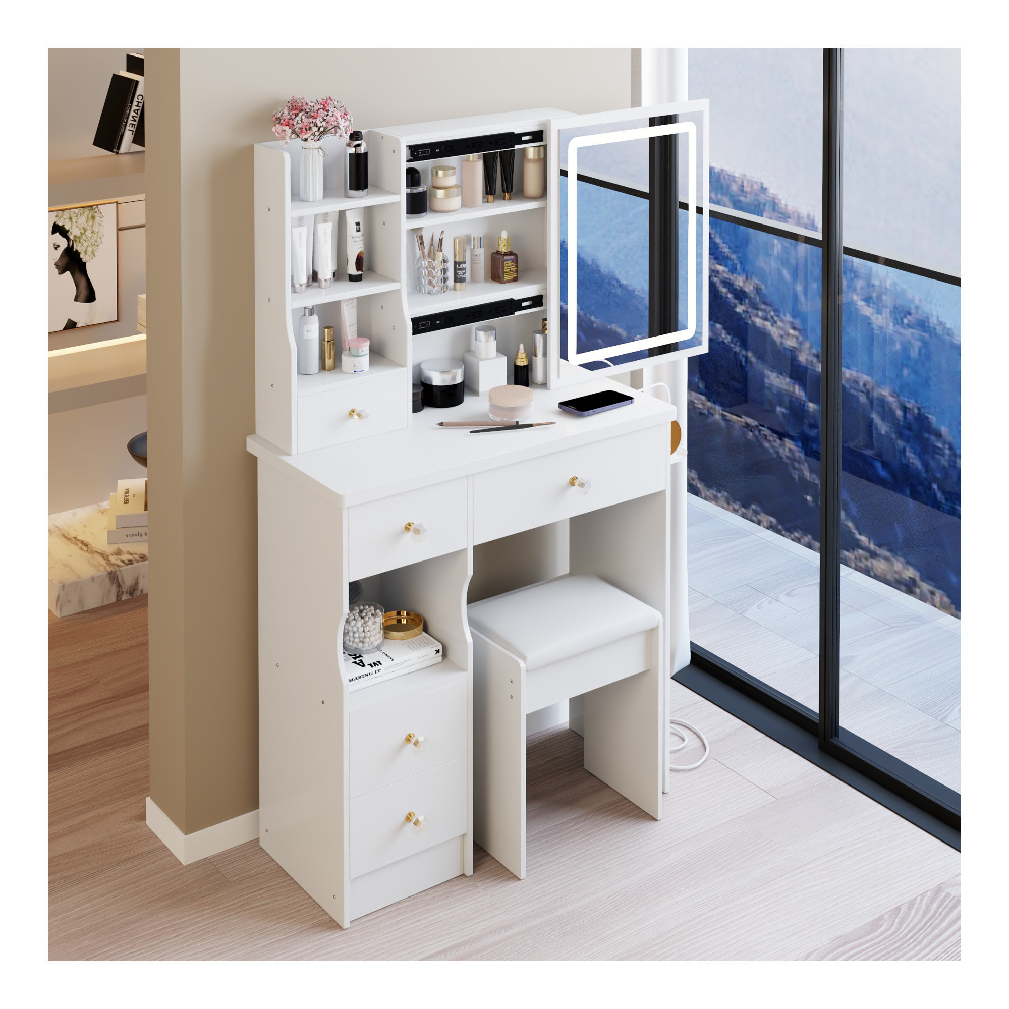 Latitude Run® 29.2" Small Size Left Drawer Desktop Vanity Table + Cushioned Stool, 2 AC+2 USB ...
